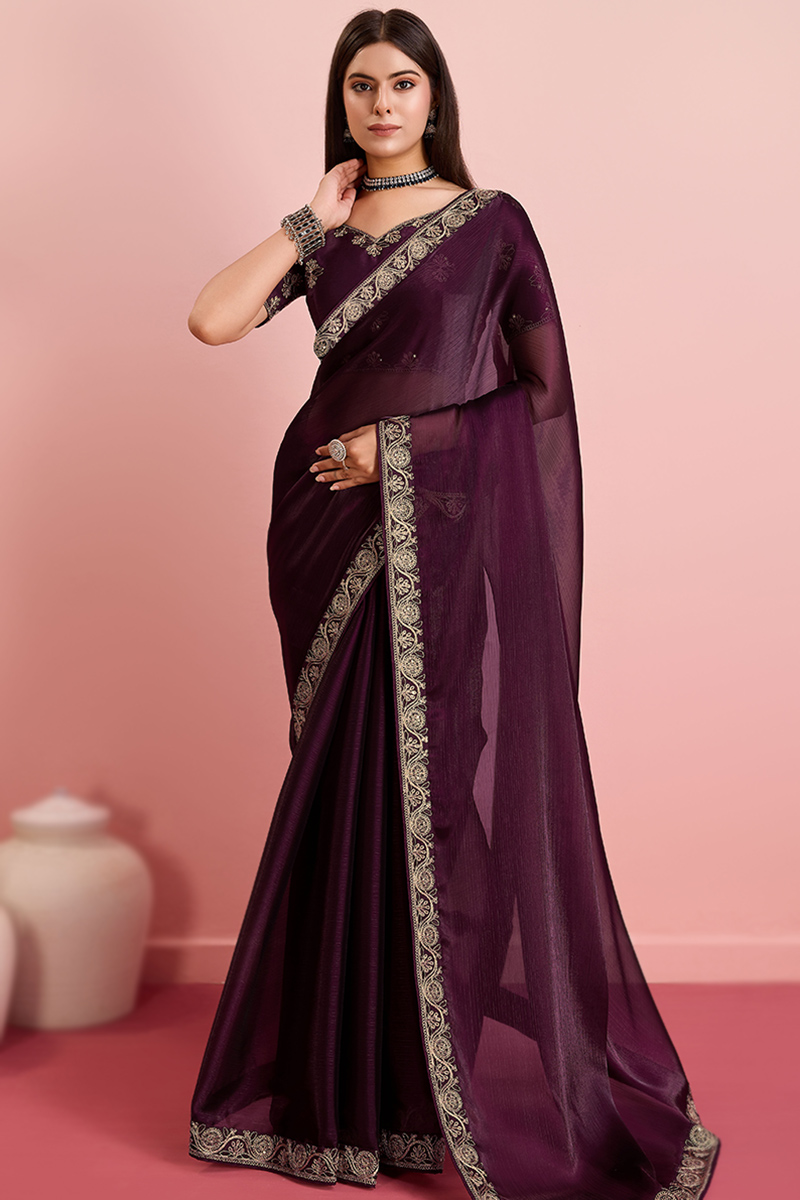 Chiffon Wine Maroon Lace Embroidered Light Weight Saree SARV177196