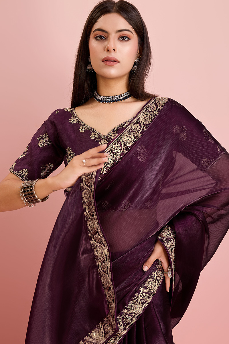 Chiffon Wine Maroon Lace Embroidered Light Weight Saree SARV177196