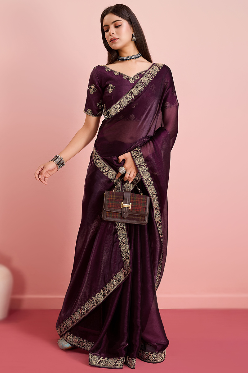 Chiffon Wine Maroon Lace Embroidered Light Weight Saree SARV177196