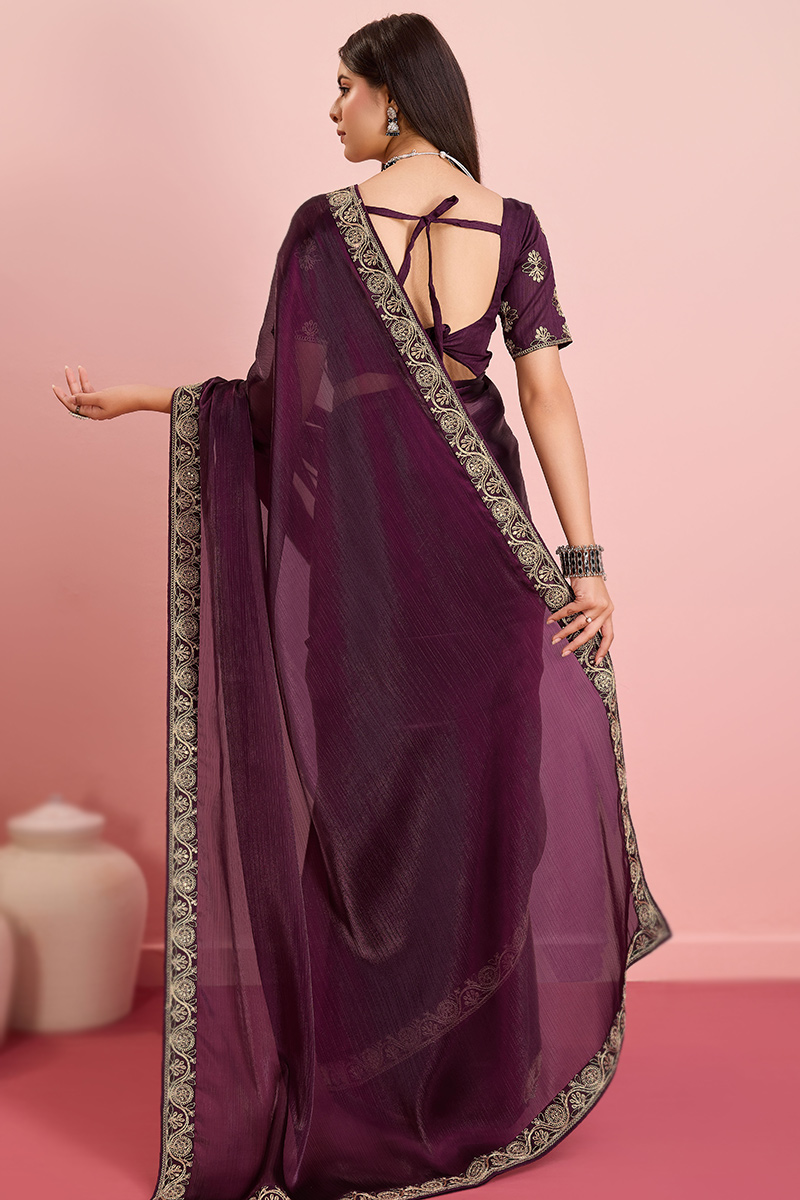 Chiffon Wine Maroon Lace Embroidered Light Weight Saree SARV177196