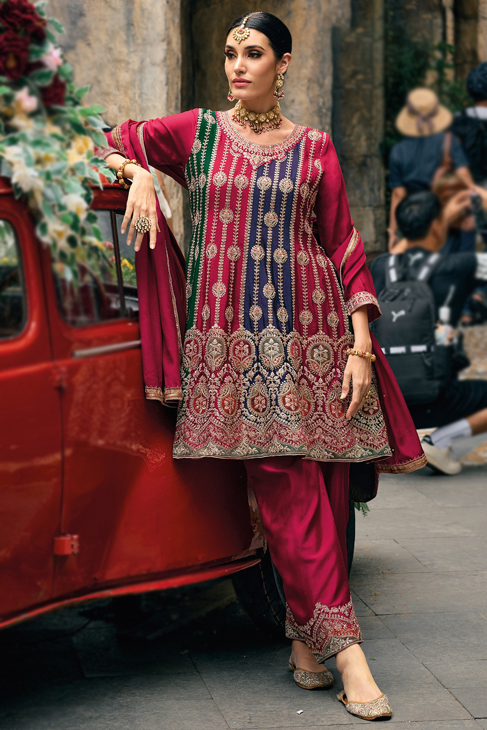 Chinnon Embroidered Frock Style Ruby Red Straight Pants Suit LSTV130977