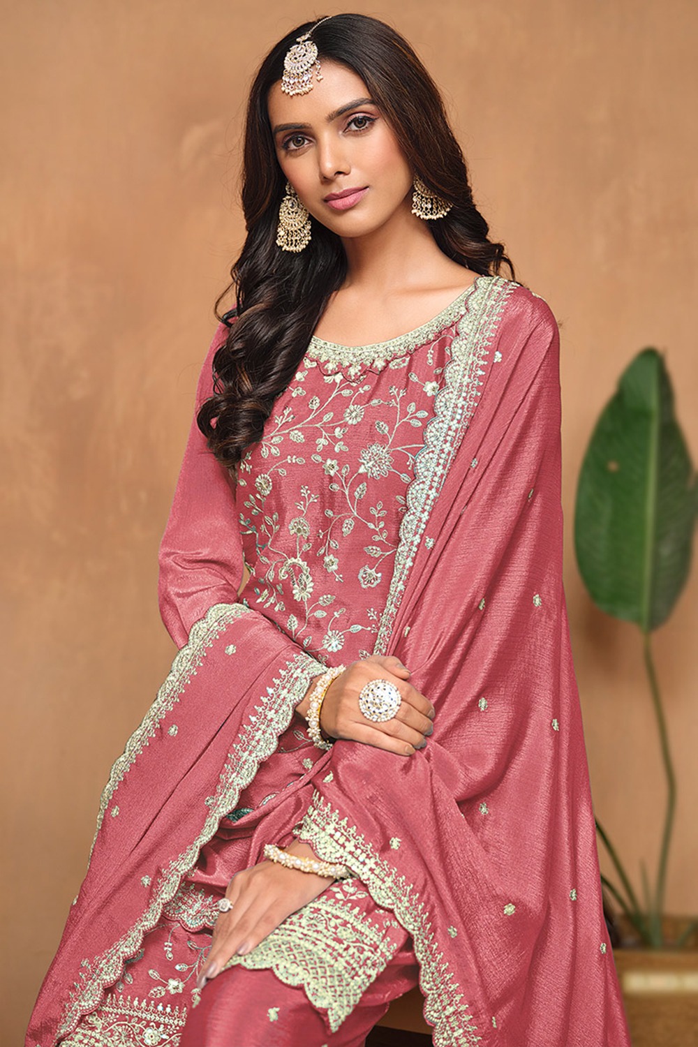 Chinnon Salmon Pink Embroidered Straight Cut Palazzo Suit LSTV130206