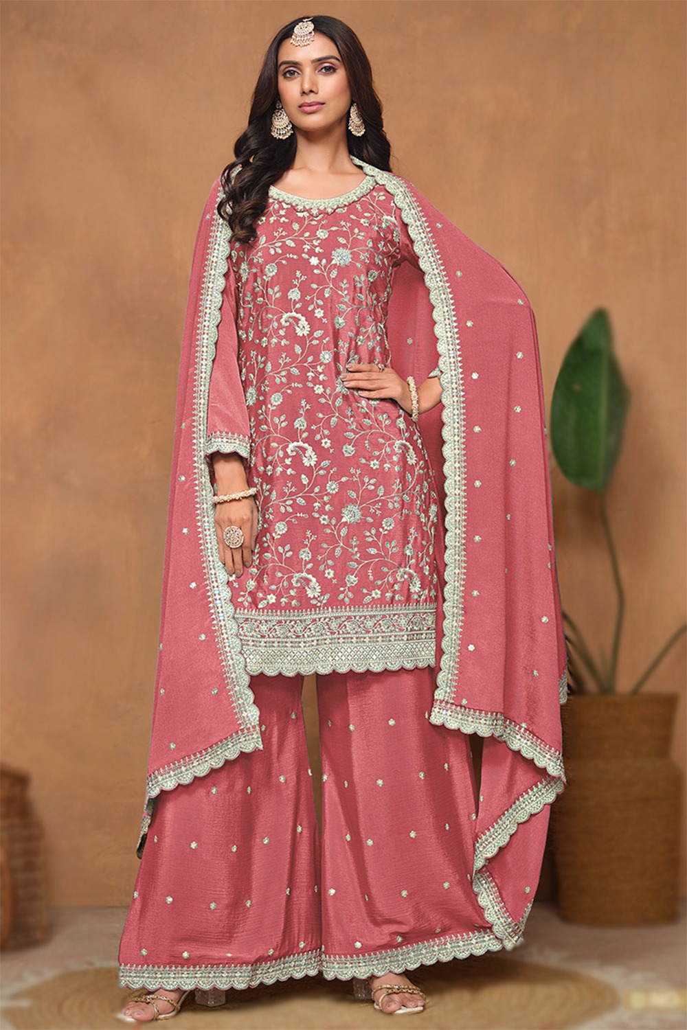 Chinnon Salmon Pink Embroidered Straight Cut Palazzo Suit LSTV130206