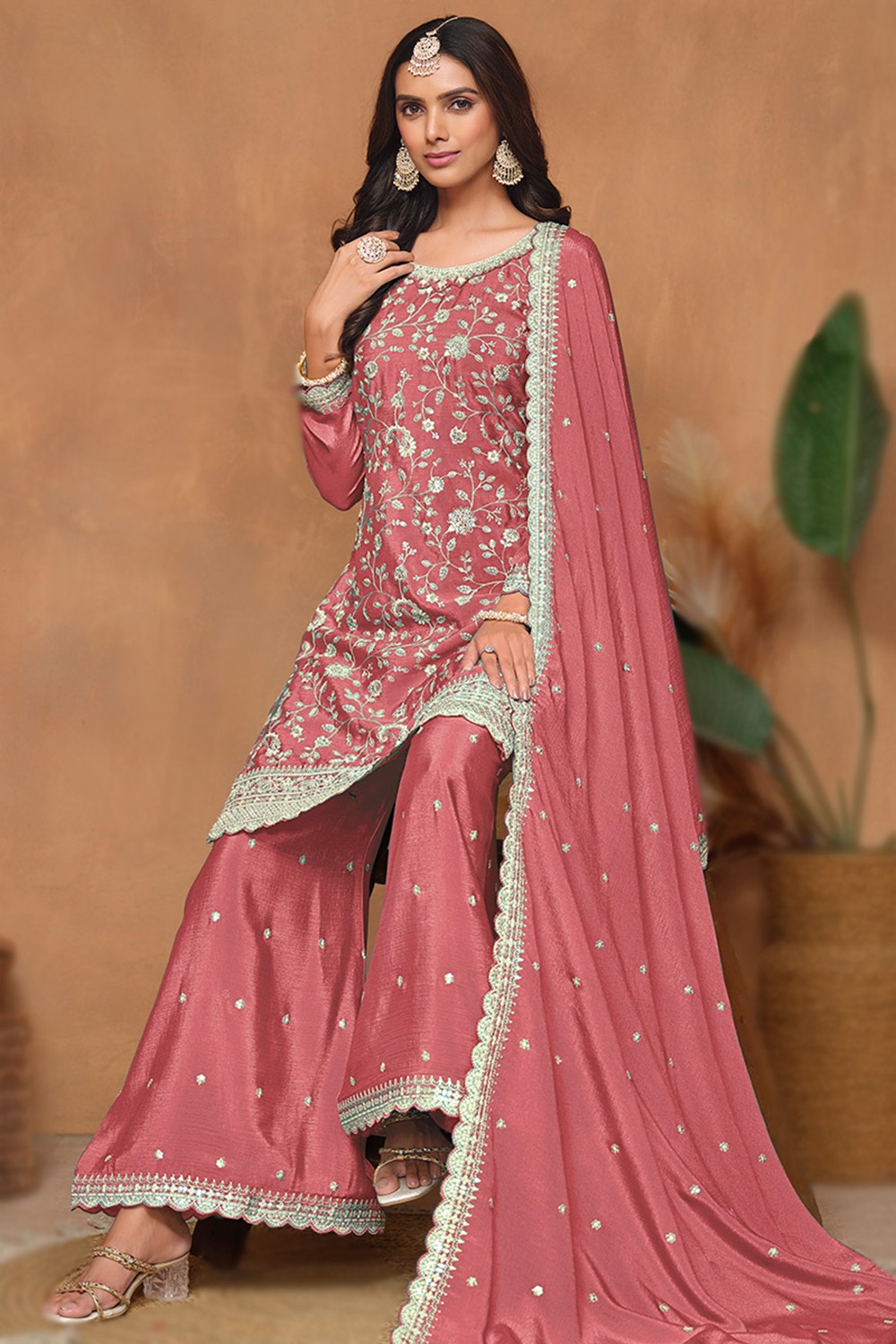 Chinnon Salmon Pink Embroidered Straight Cut Palazzo Suit LSTV130206