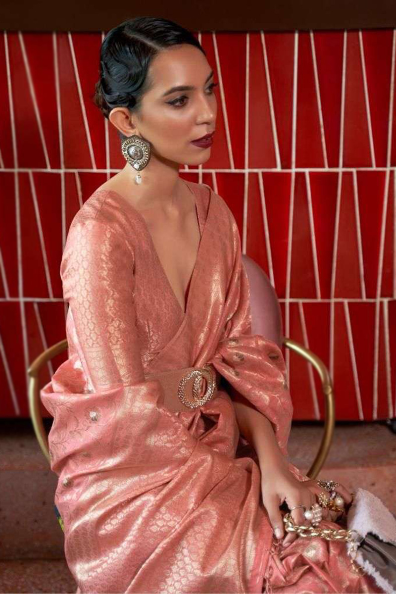 Coral Pink Silk Woven Zari Broad Border Saree |SARV163914