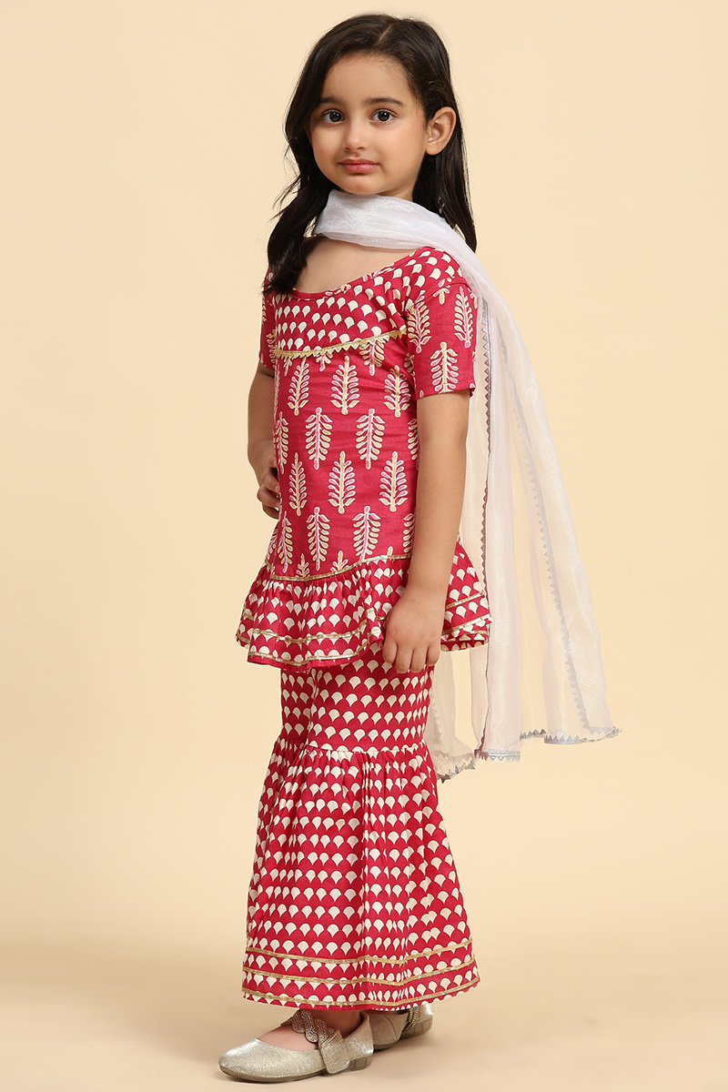Cotton Brick Red Printed Girl's Sharara Suit LSTV127408