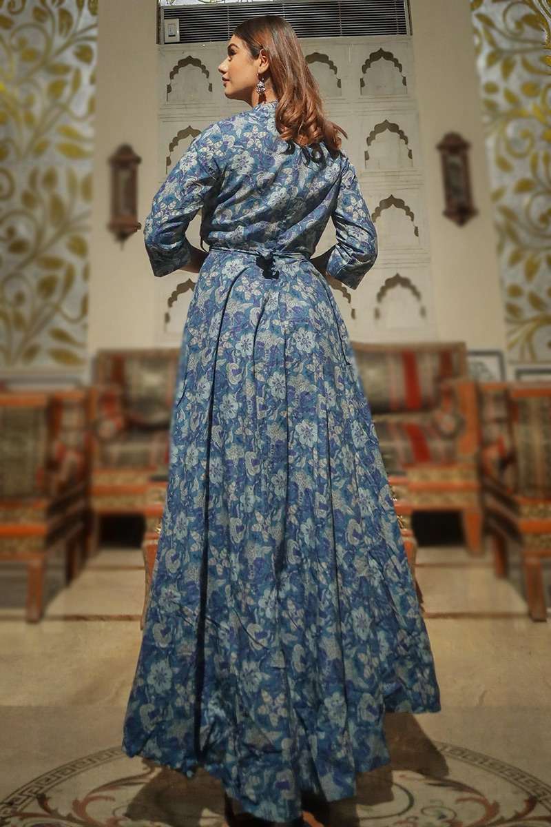 Cotton Dusty Blue Floral Print High Low Style Gown LSTV123591