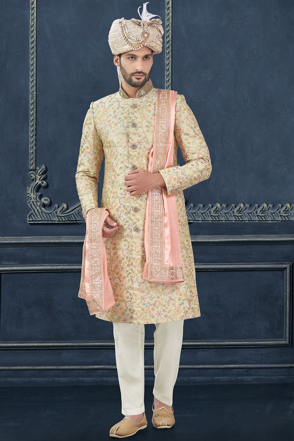 Cream Beige Silk Blend Embroidered Jacket Style Men's Sherwani MSTV04658