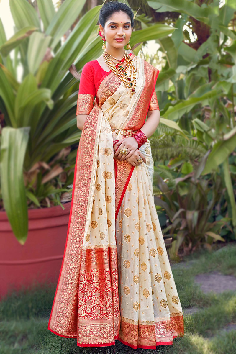 Cream Beige Silk Woven Zari Broad Border Saree SARV170566