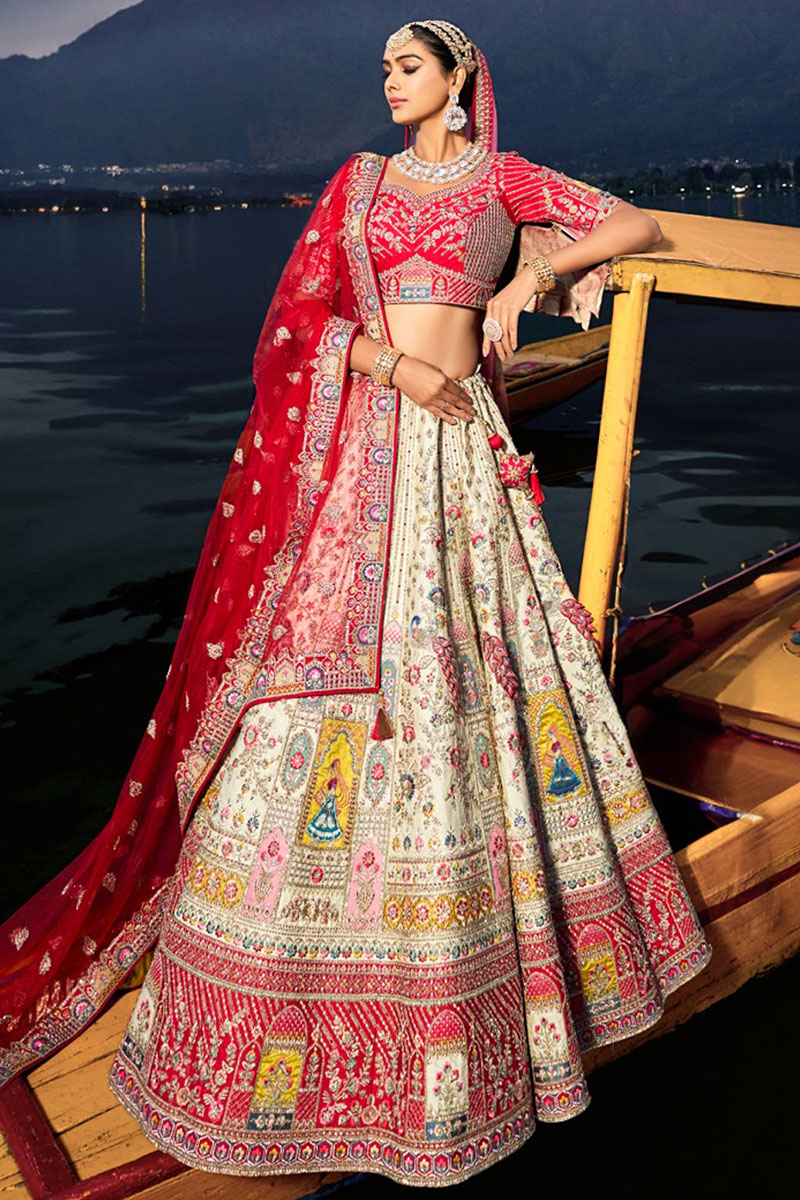 Cream Dori Embroidered Panelled Style Silk Lehenga LLCV117922