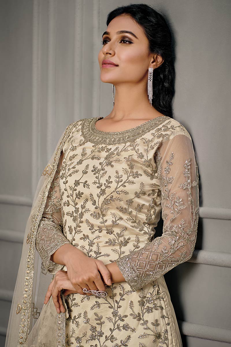 Looking for Latest Cream Net Embroidered Trouser Suit LSTV117450