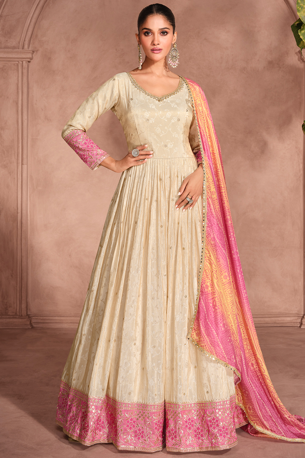 Cream Silk Blend Anarkali Suit with Woven Zari Work For Wedding ...
