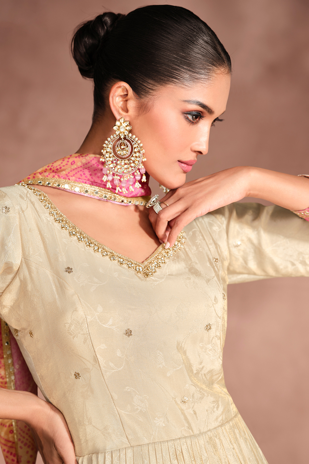 Cream Silk Blend Anarkali Suit with Woven Zari Work For Wedding ...