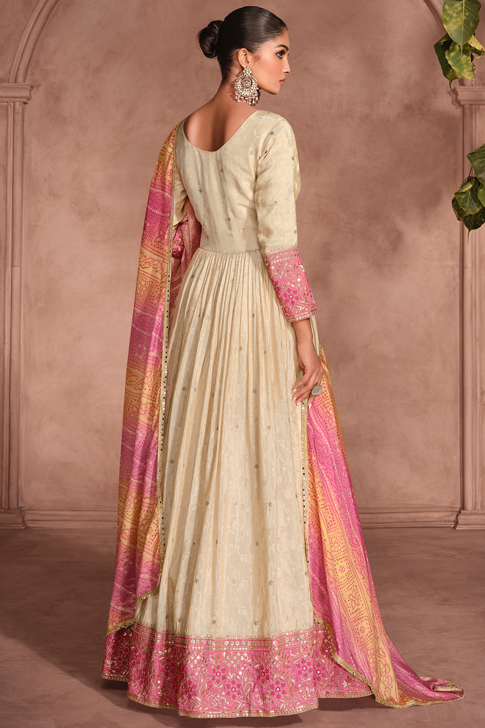 Cream Silk Blend Anarkali Suit with Woven Zari Work For Wedding ...