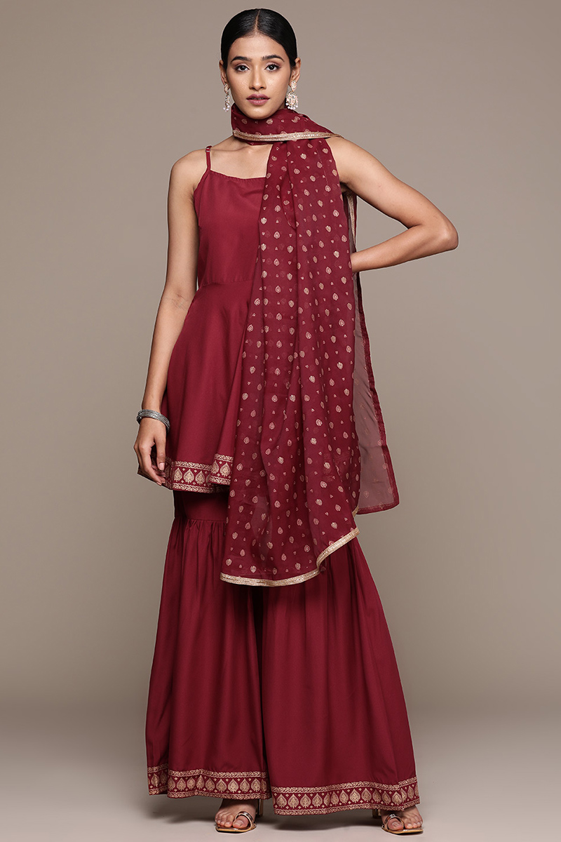 Crepe Deep Red Foil Print Lace Sharara Suit LSTV125593