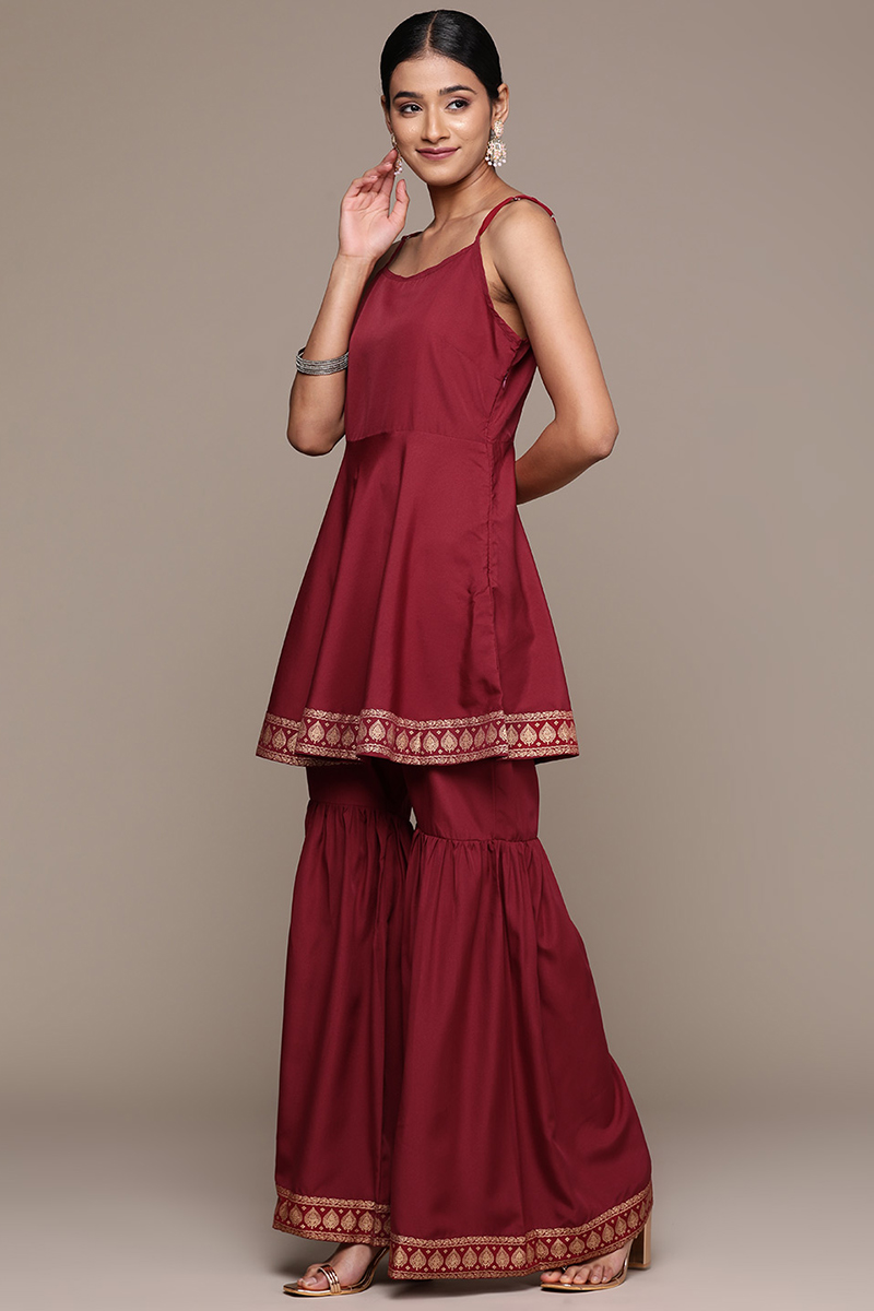 Crepe Deep Red Foil Print Lace Sharara Suit LSTV125593