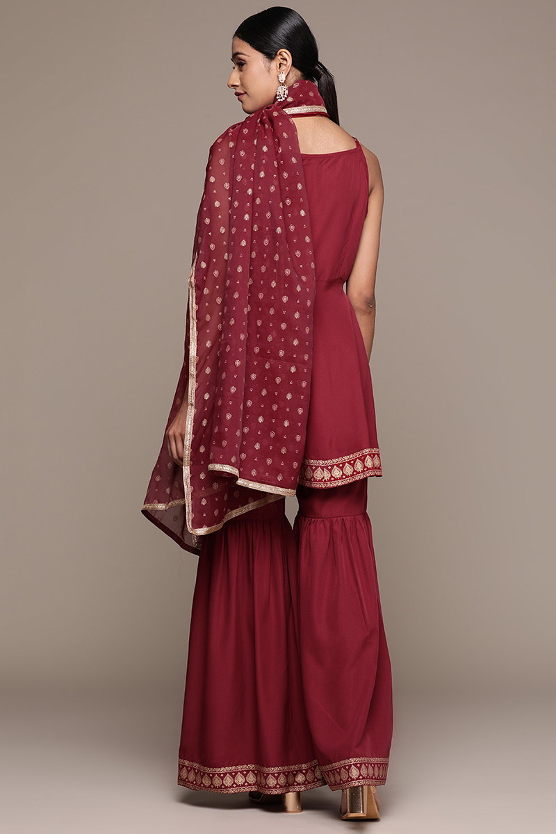 Crepe Deep Red Foil Print Lace Sharara Suit LSTV125593