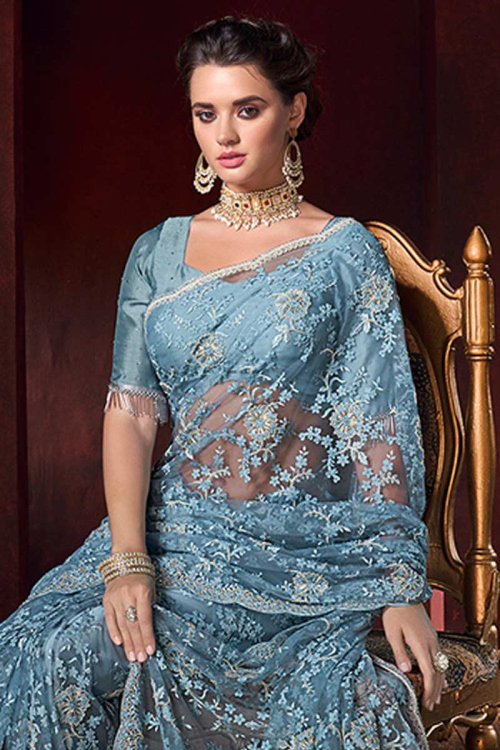 Buy Dusty Blue Net Saree With Banglori Silk Blouse Online - SARV02654 ...