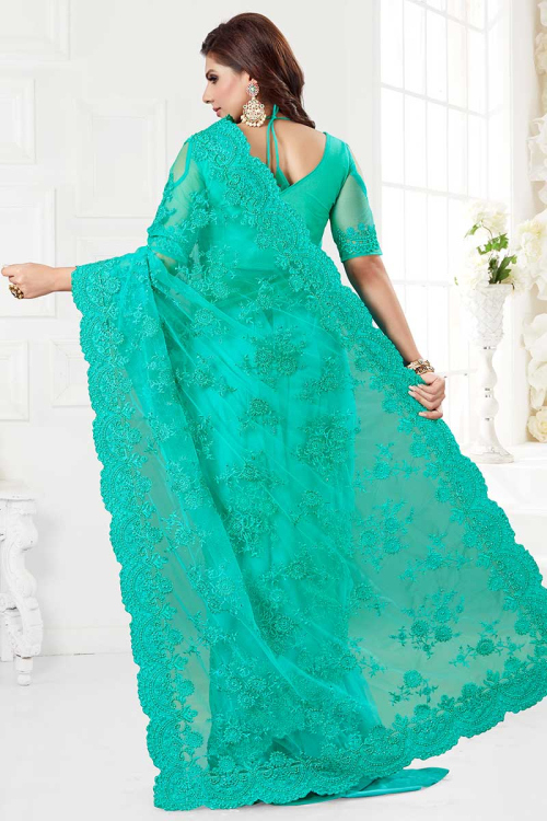 Buy Embroidered Turquoise Blue Net Saree With Net Blouse Online ...