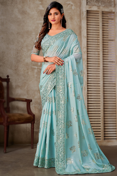 Ethnic Wear Light Blue Satin Georgette Embroidered Saree SARV145970
