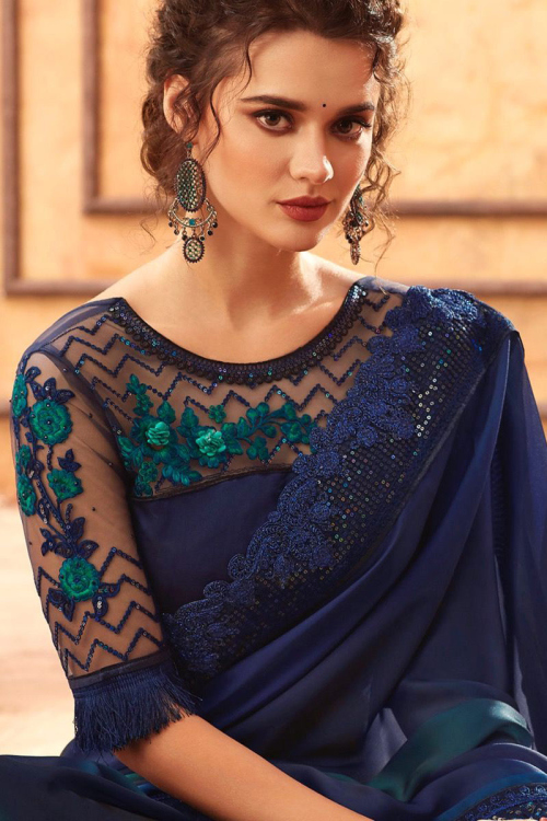 Buy Navy Blue Georgette Saree With Net Blouse Online - SARV03302 ...