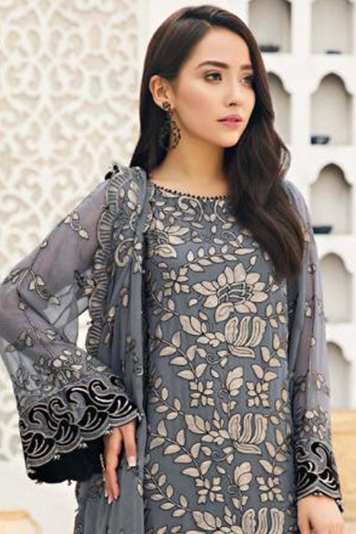 Steel Grey Georgette Embroidered Trouser Suit LSTV110135