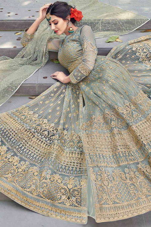 Shop Exclusive Sage Green Anarkali Suit with Lace work LSTV08627