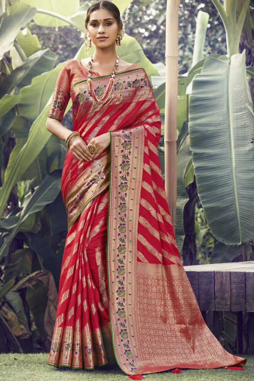 Looking for Latest Zari Embroidered Silk Red Saree|SARV09032