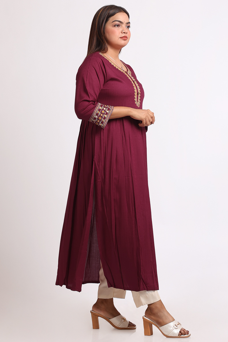 Rayon Burgundy Maroon Embroidered Straight Cut Kurti LKV003177