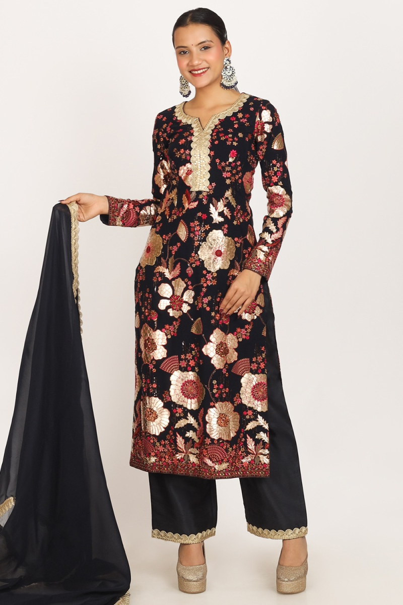 Navy Blue Georgette Embroidered Straight Cut Suit for Sangeet LSTV134673