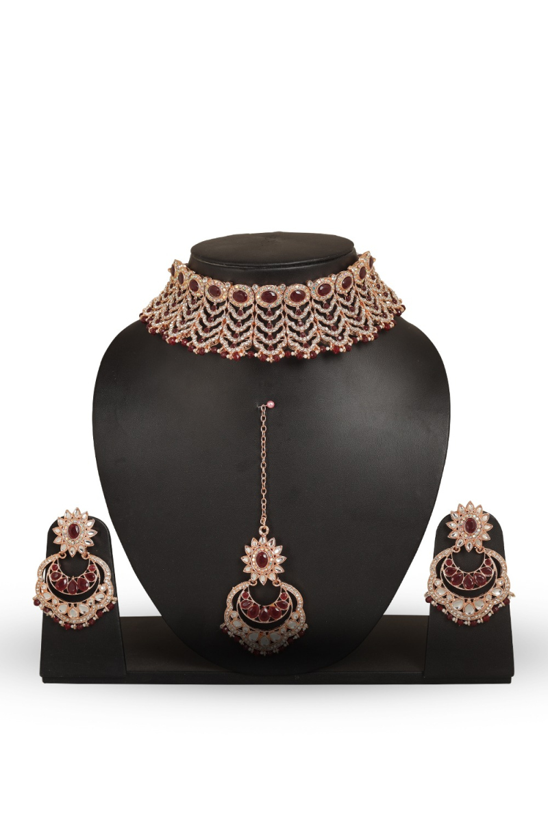 Alloy Dark Maroon Stone Necklace And Earrings Jewellery Set JNS0134550