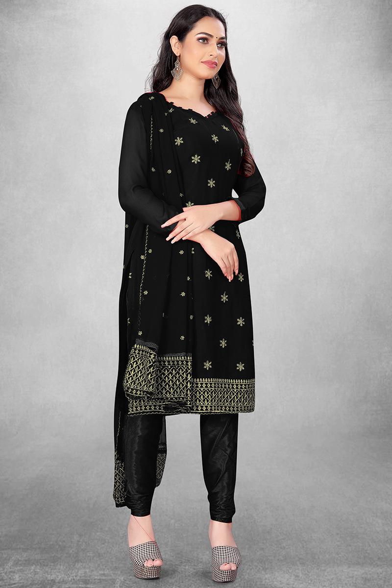 Black Georgette Embroidered Straight Cut Churidar Suit LSTV127422