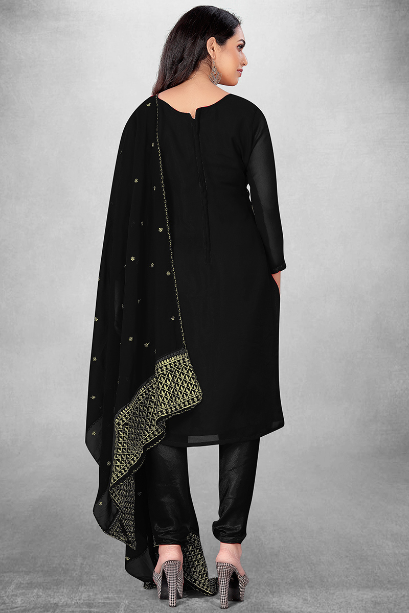 Black Georgette Embroidered Straight Cut Churidar Suit LSTV127422