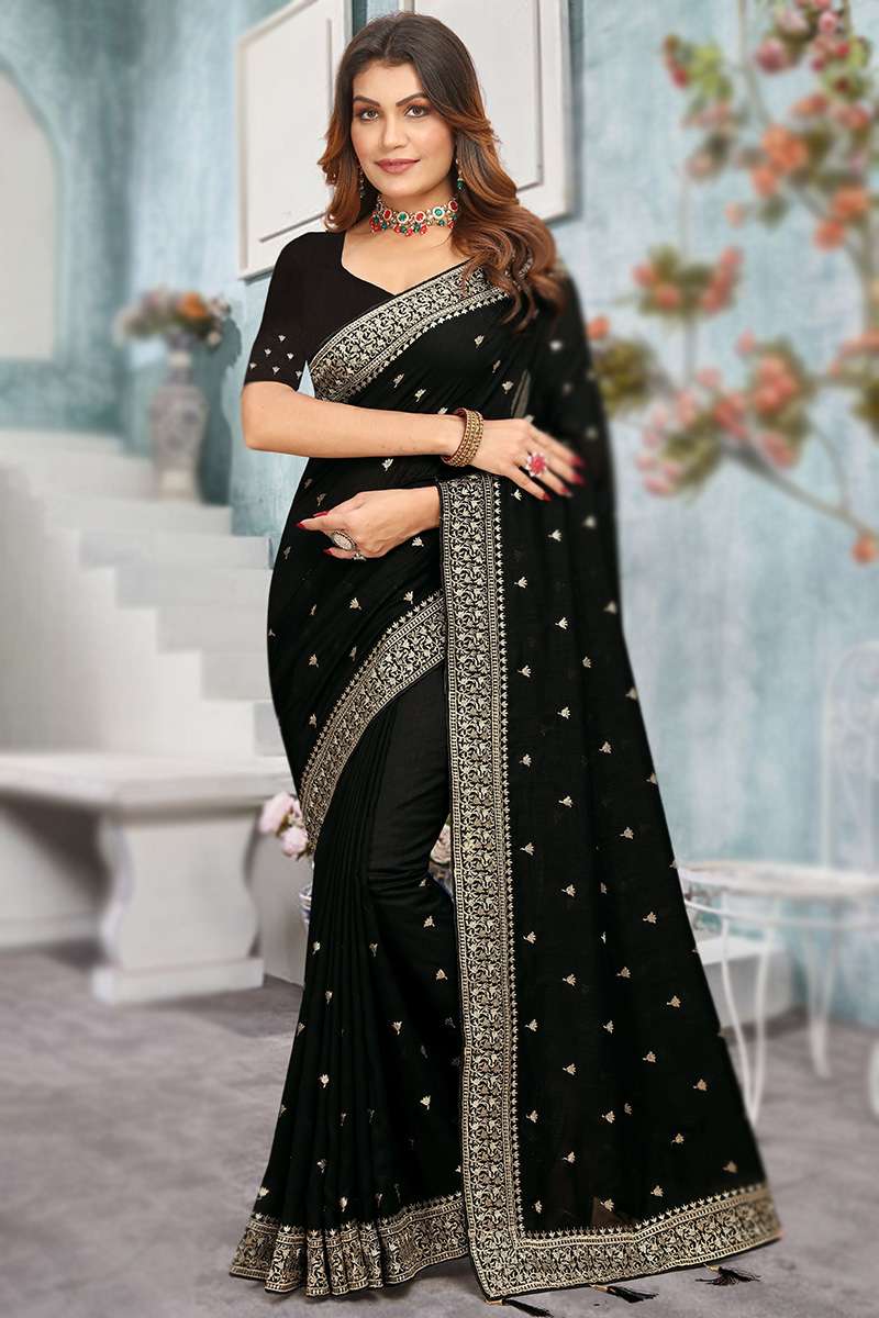 Black Zari Embroidered Silk Lightweight Saree For Sangeet SARV181819