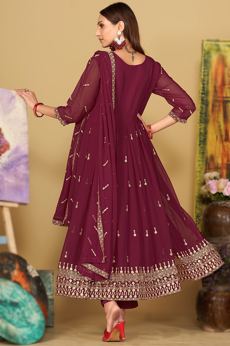 Cherry Red Georgette Embroidered Anarkali Suit For Eid LSTV128652