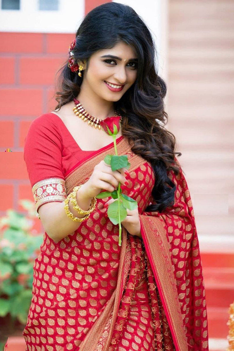 Cherry Red Silk Woven Zari Broad Border Saree|SARV175612