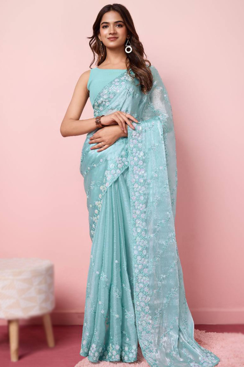 Chiffon Powder Blue Sequins Embroidered Shimmer Saree SARV178743