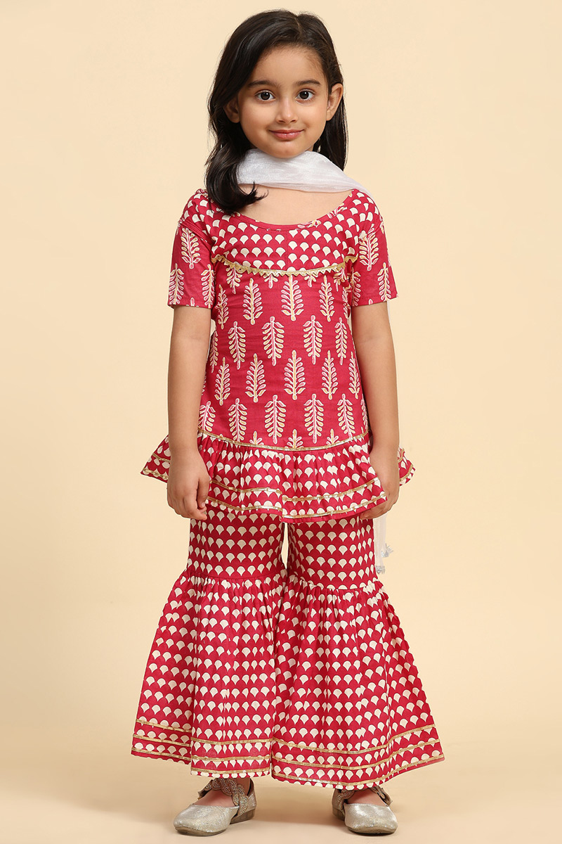 Cotton Brick Red Printed Girl's Sharara Suit LSTV127408