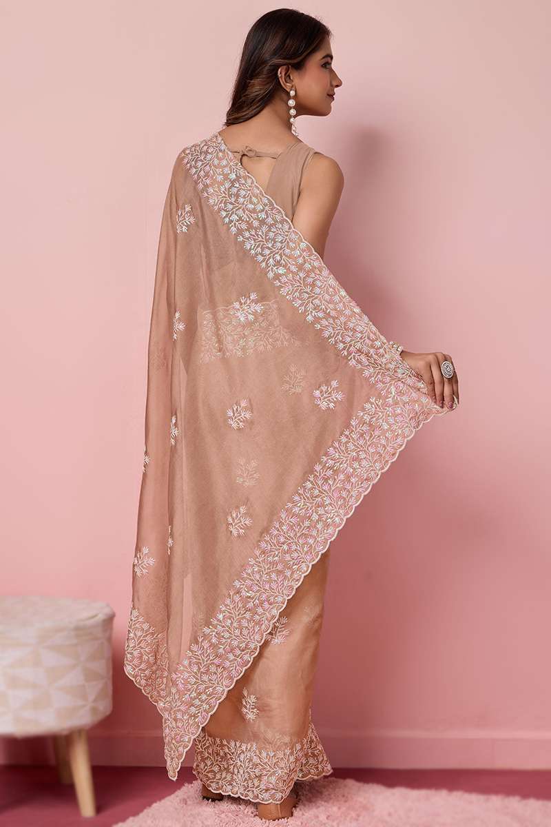Dark Beige Sequins Embroidered Organza Lightweight Saree SARV179146