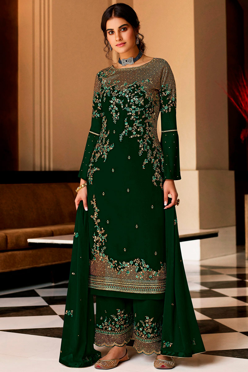 Buy Dark Green Georgette Embroidered Straight Cut Suit LSTV119302