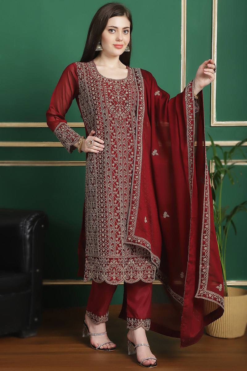 Dark Maroon Georgette Embroidered Straight Cut Trouser Suit LSTV128831