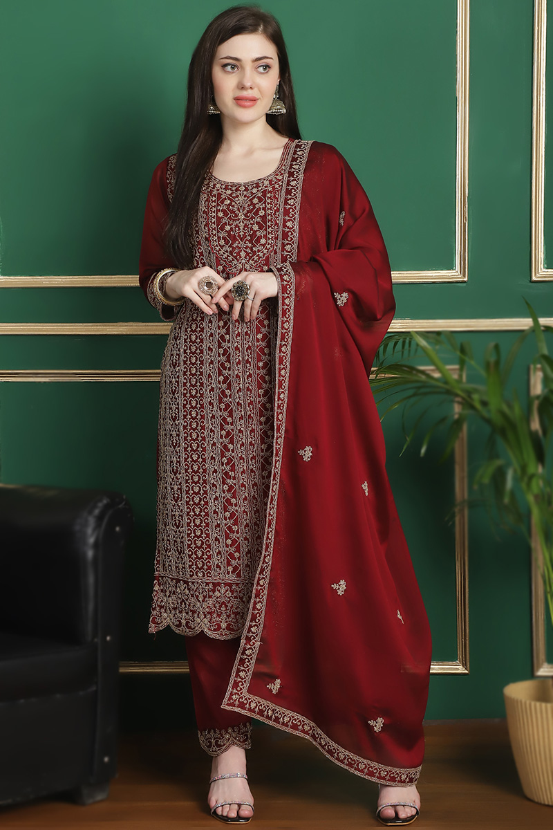 Dark Maroon Georgette Embroidered Straight Cut Trouser Suit LSTV128831