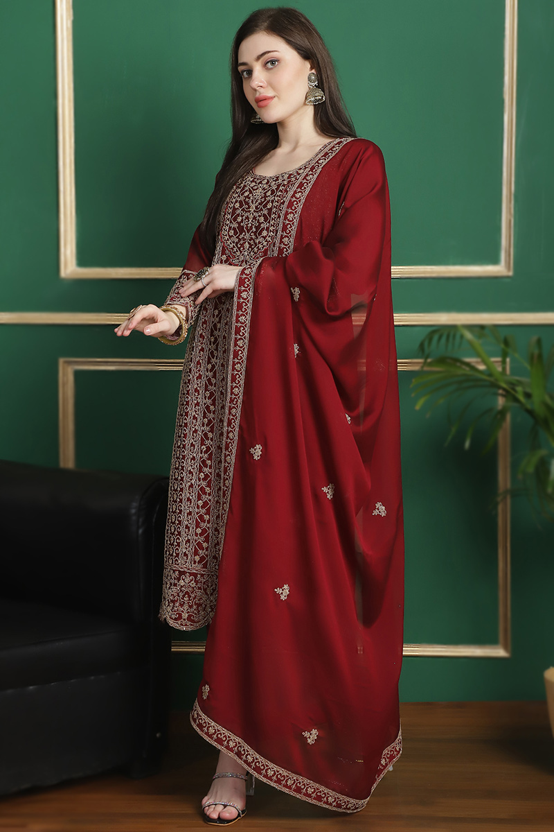 Dark Maroon Georgette Embroidered Straight Cut Trouser Suit LSTV128831