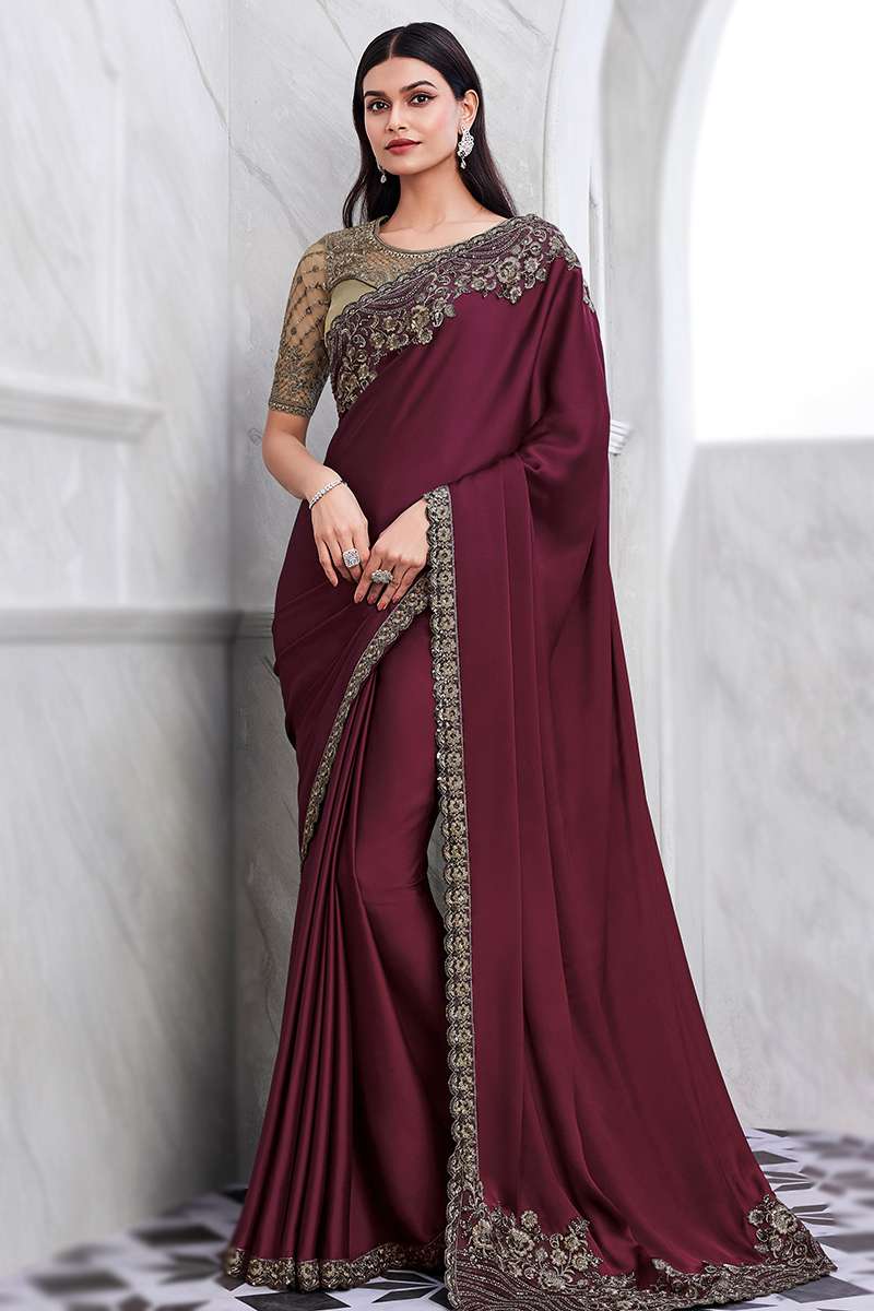Dark Maroon Satin Silk Embroidered Light Weight Saree SARV181252