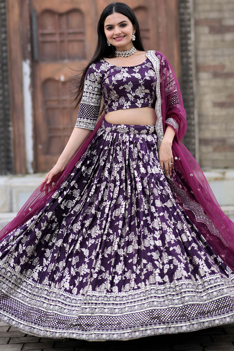 Dark Purple Silk Zari Weaved Flared Lehenga LLCV116910