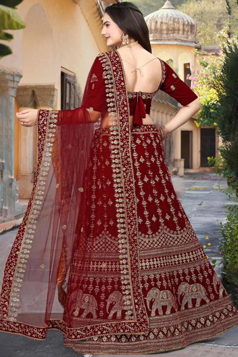 Deep Red Velvet Zari Embroidered Panelled Lehenga LLCV117826