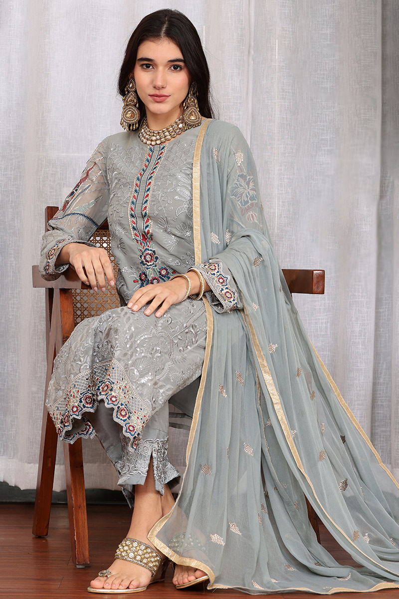 Dusty Blue Georgette Embroidered Straight Cut Trouser Suit LSTV128892