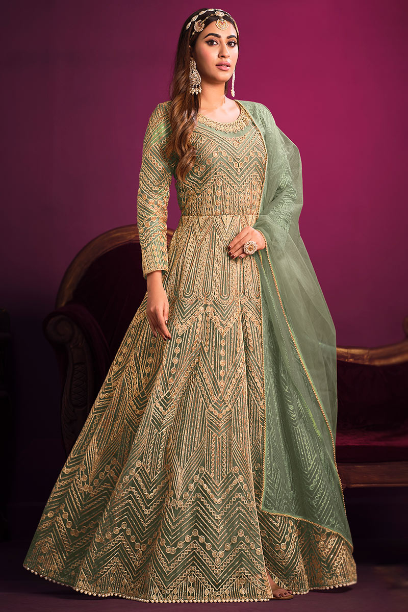 Buy Dusty Green Net Front Slit Anarkali Suit LSTV122745