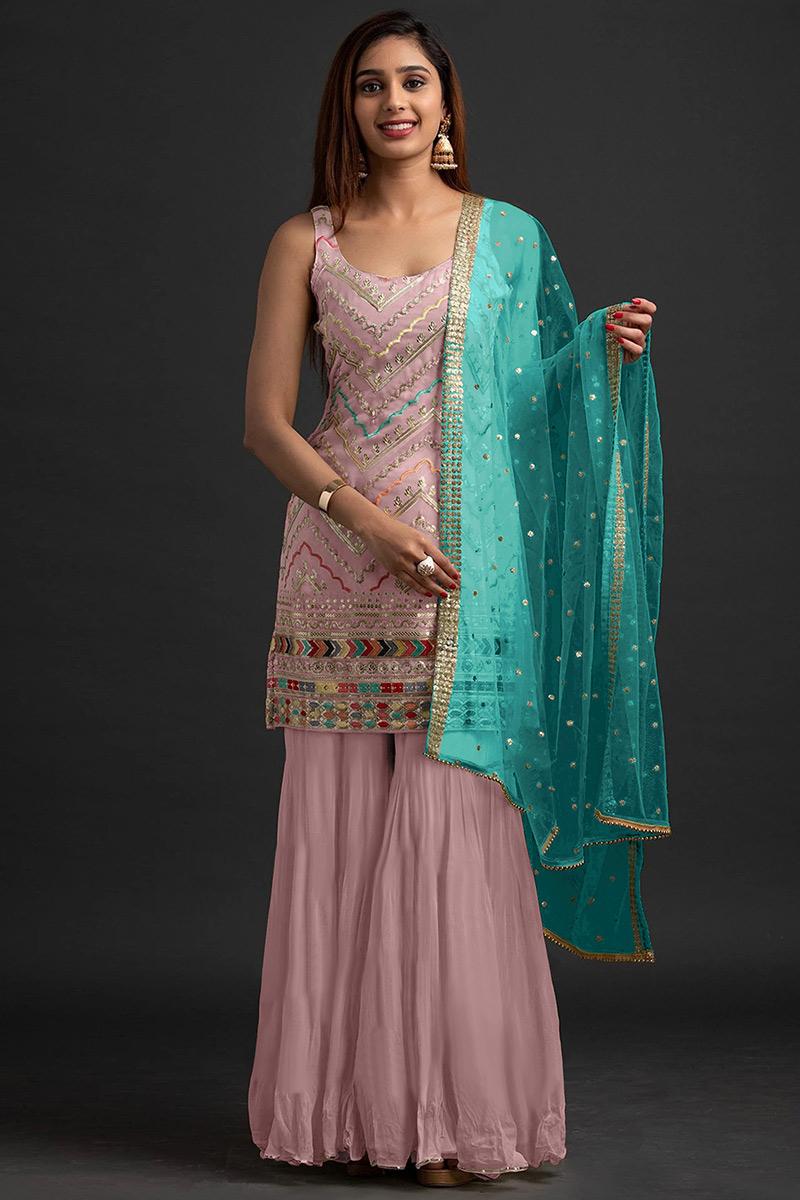 Trending Fashion Resham Work Embroidered Dusty Pink Sharara Suit LSTV119051