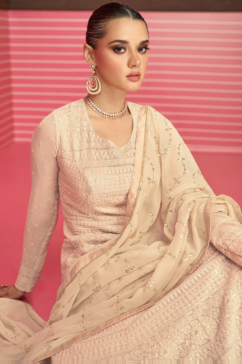 Order Online Embroidered Cream Beige Georgette Anarkali Suit LSTV119671
